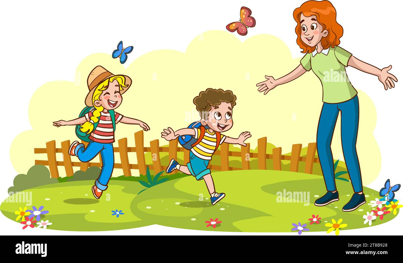 vector illustration of cute kids running to hug their mom.mother and children love Stock Vector ...