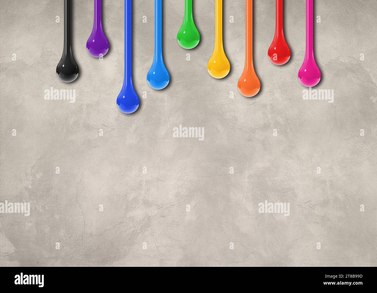 Colorful ink drops isolated on light concrete wall. Horizontal ...