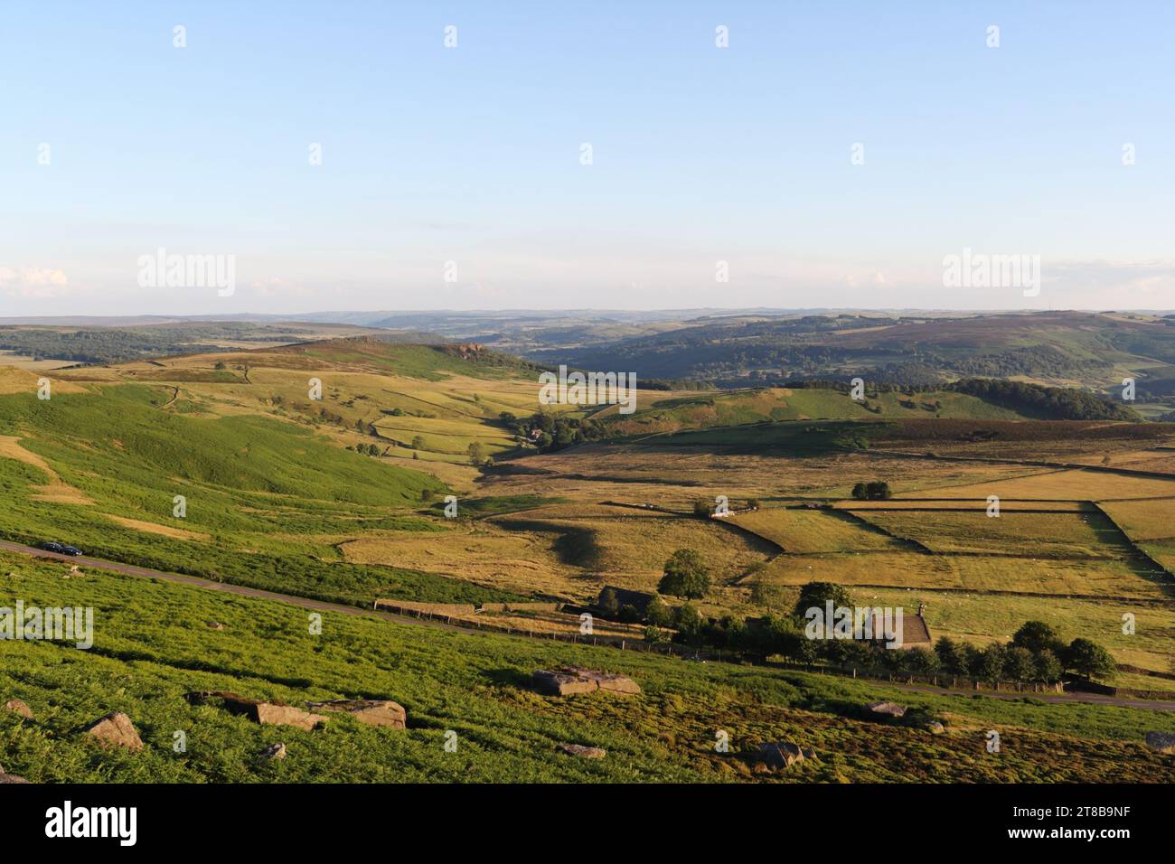 Derbyshire Peak district landscape rolling hills view from Stanage Edge ...
