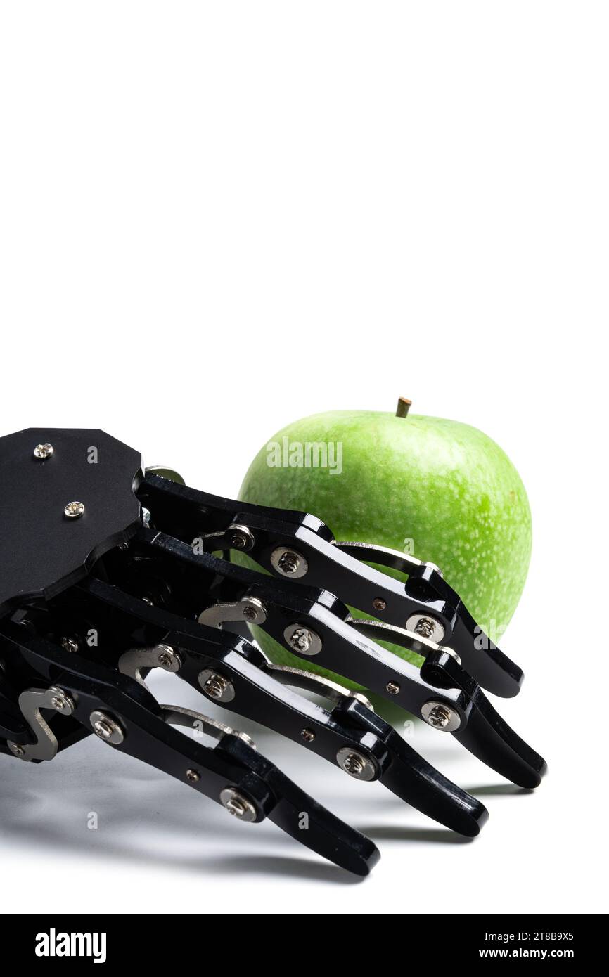 Real robot's hand with green apple. Concept of Artificial intelligence ...