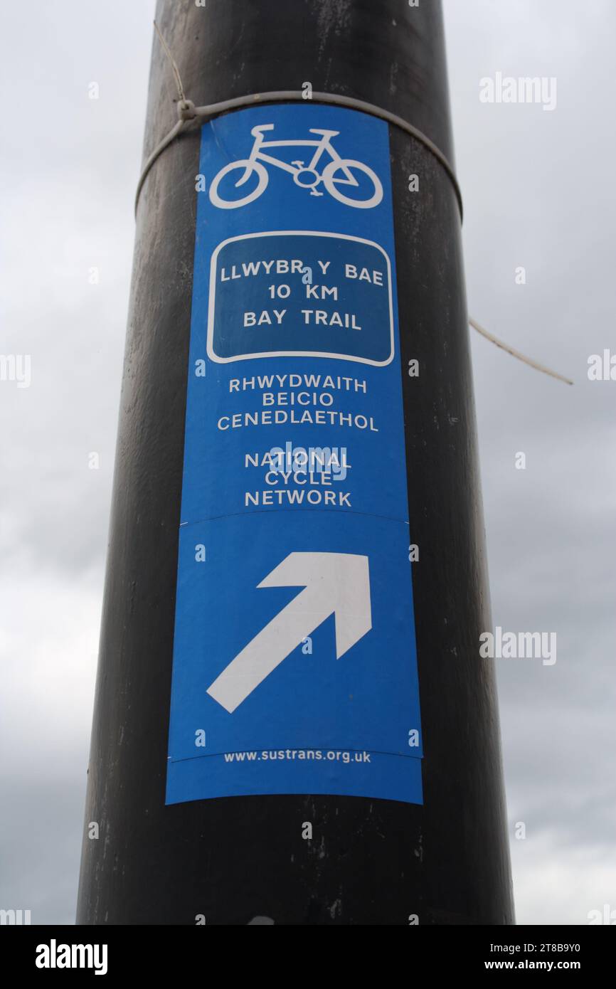 National cycle network Sustrans sign in Cardiff Bay English Welsh ...