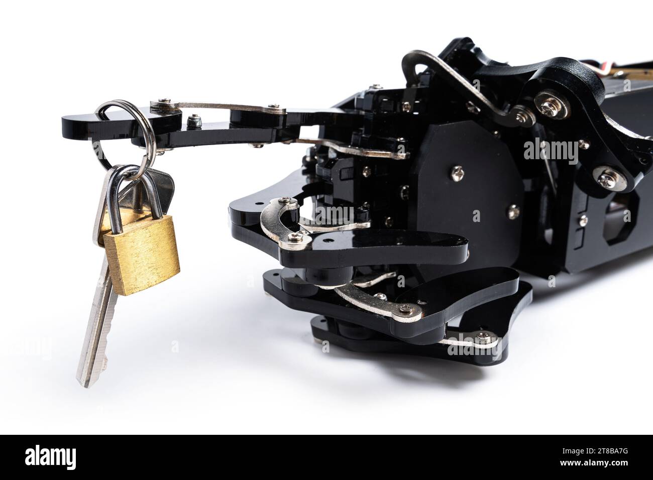 Real robotic hand and key with padlock. Concept of encryption and data ...
