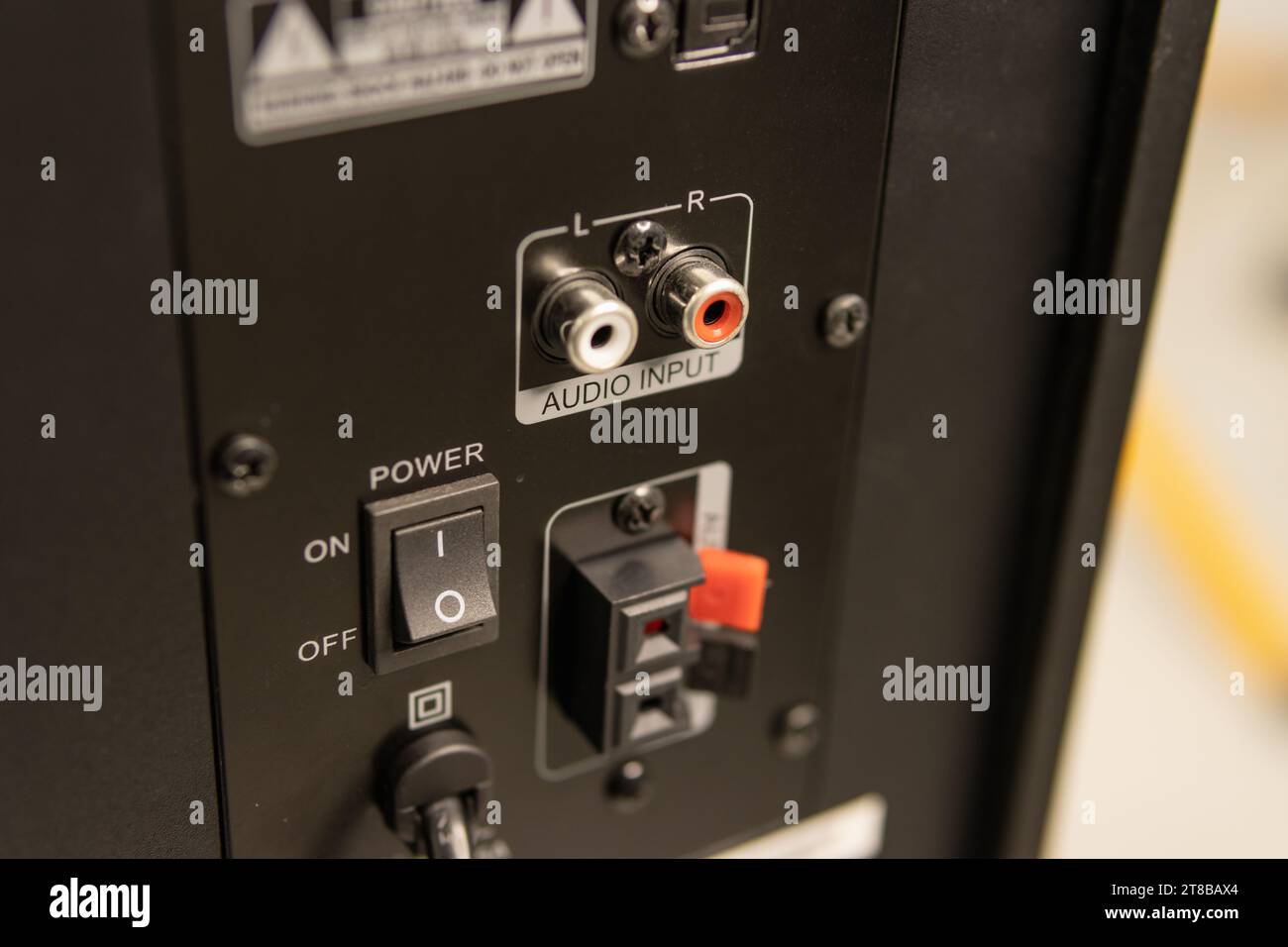 Close-up of the speaker connectors on the back of the AV receiver Stock ...