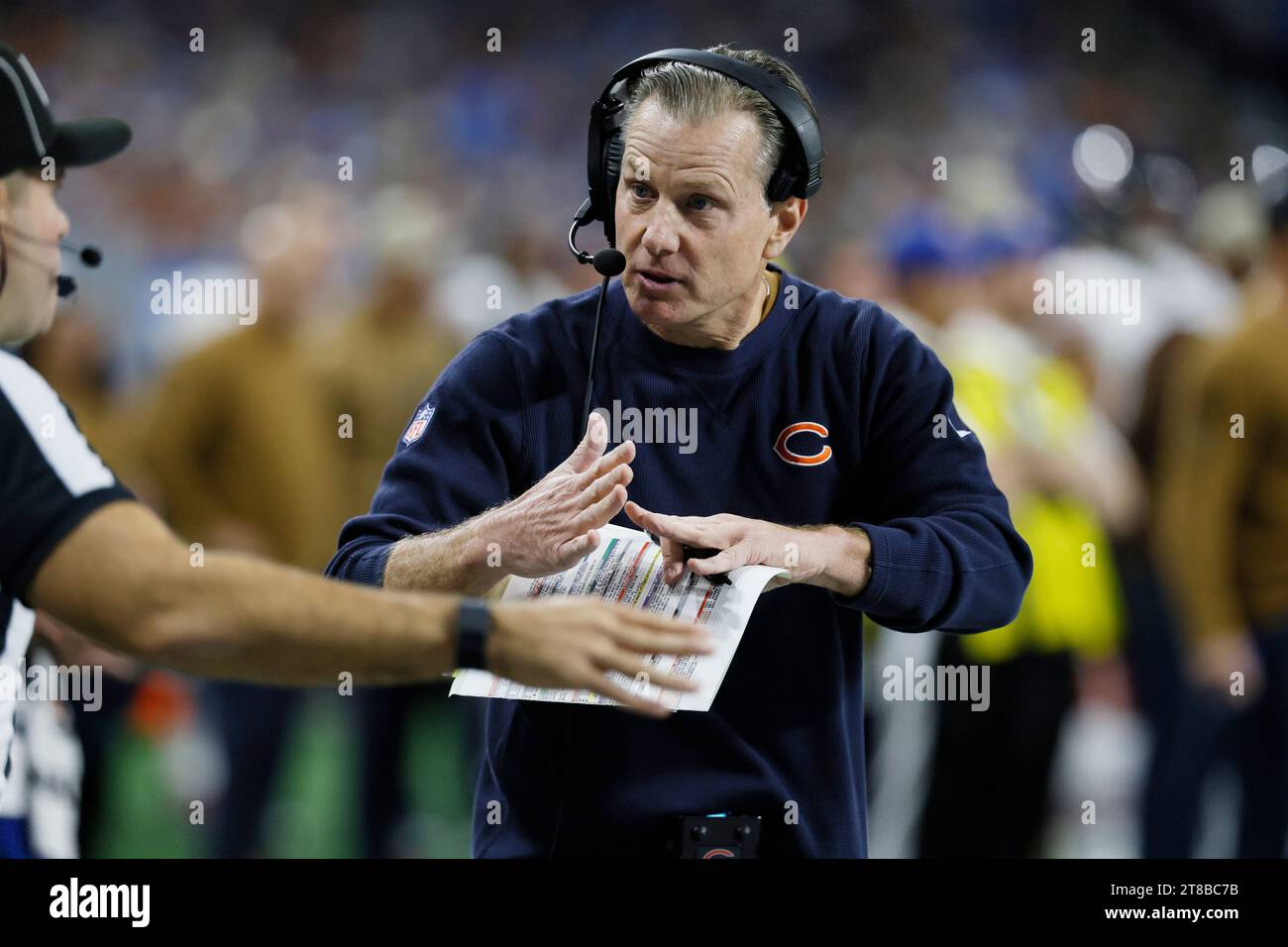 Chicago Bears head coach Matt Eberflus calls a timeout during the first half of an NFL football ...