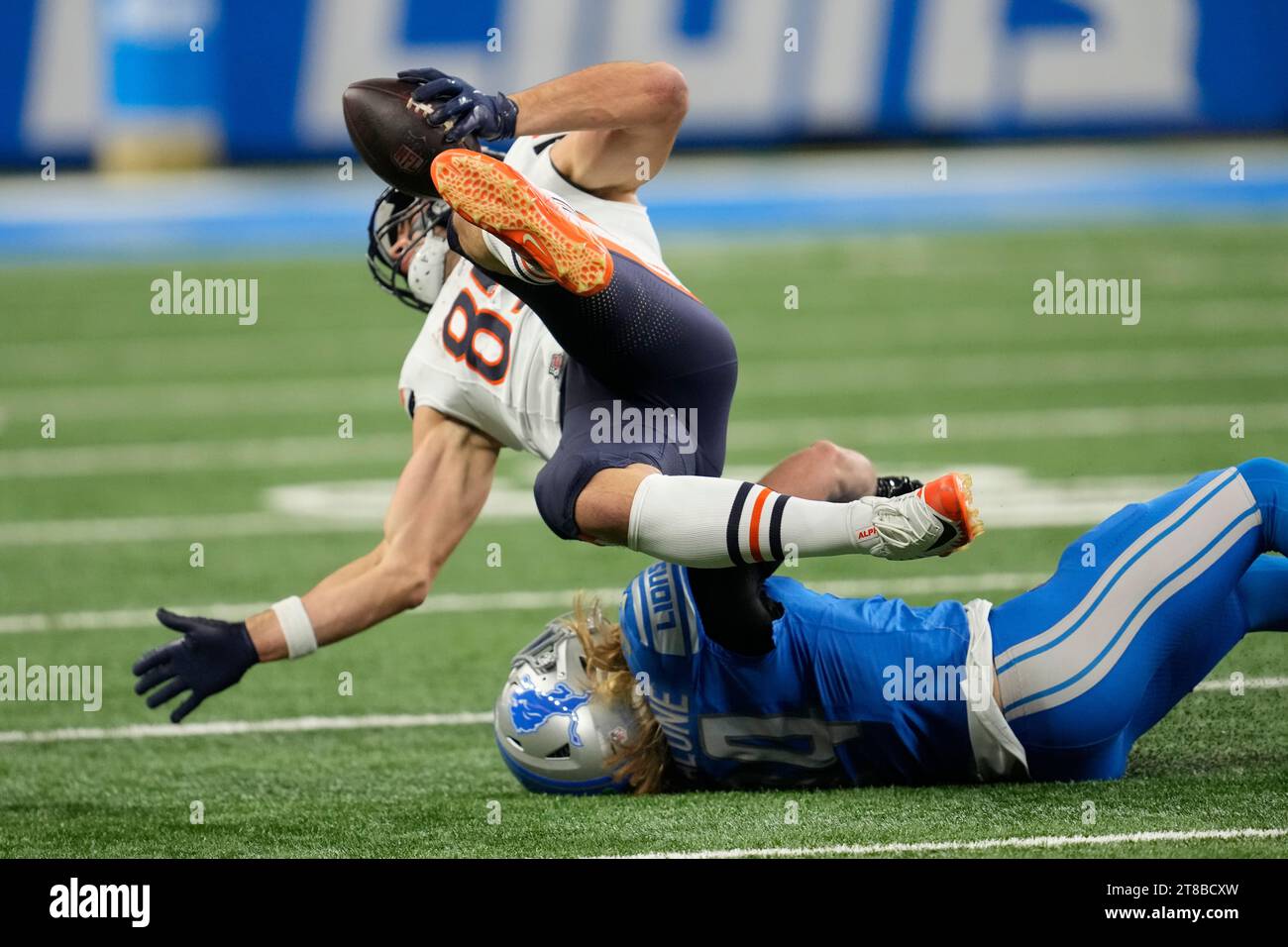 Chicago Bears tight end Cole Kmet (85) is tackled by Detroit Lions ...