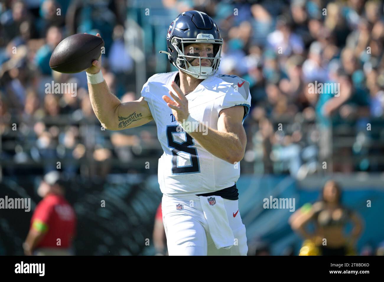 Tennessee Titans quarterback Will Levis (8) looks to throw a pass ...