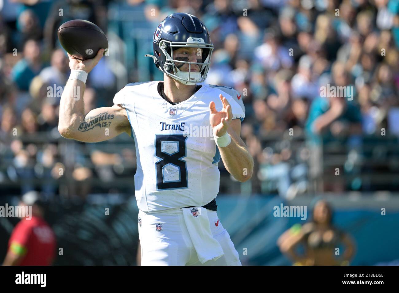 Tennessee Titans quarterback Will Levis (8) looks to throw a pass ...