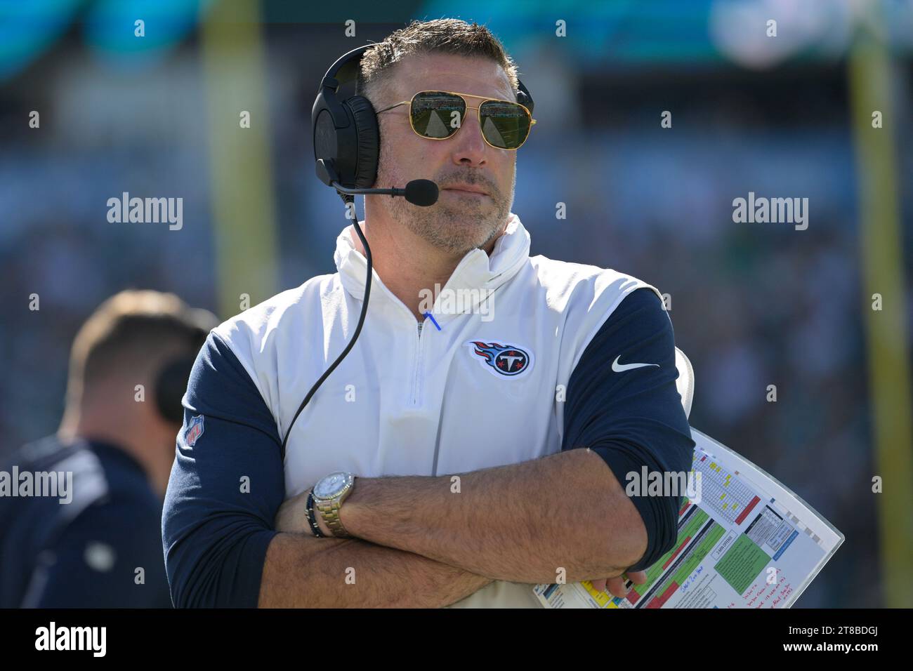 Tennessee Titans head coach Mike Vrabel looks onto the field during the ...