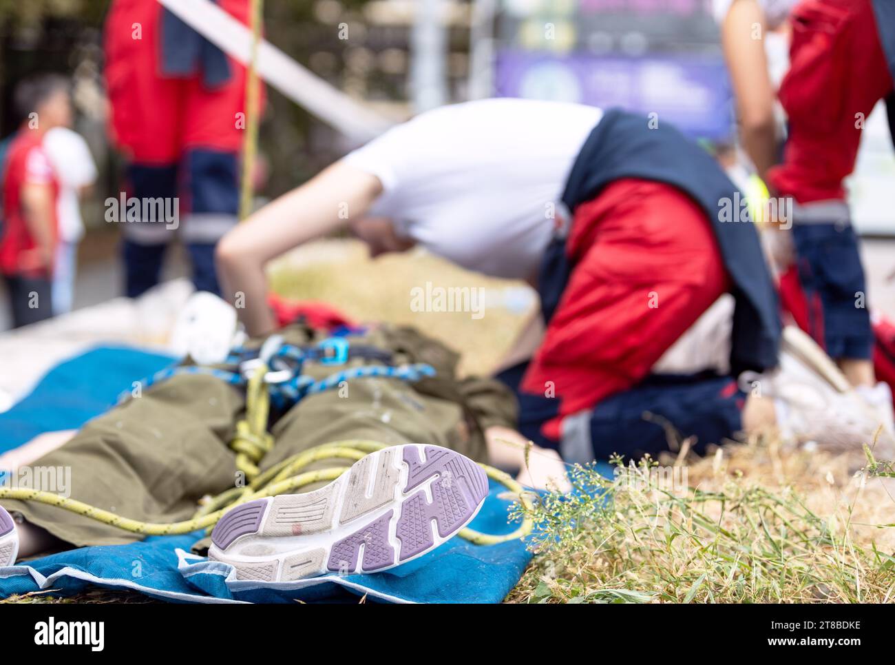 First aid after workplace accident. Construction worker or window ...