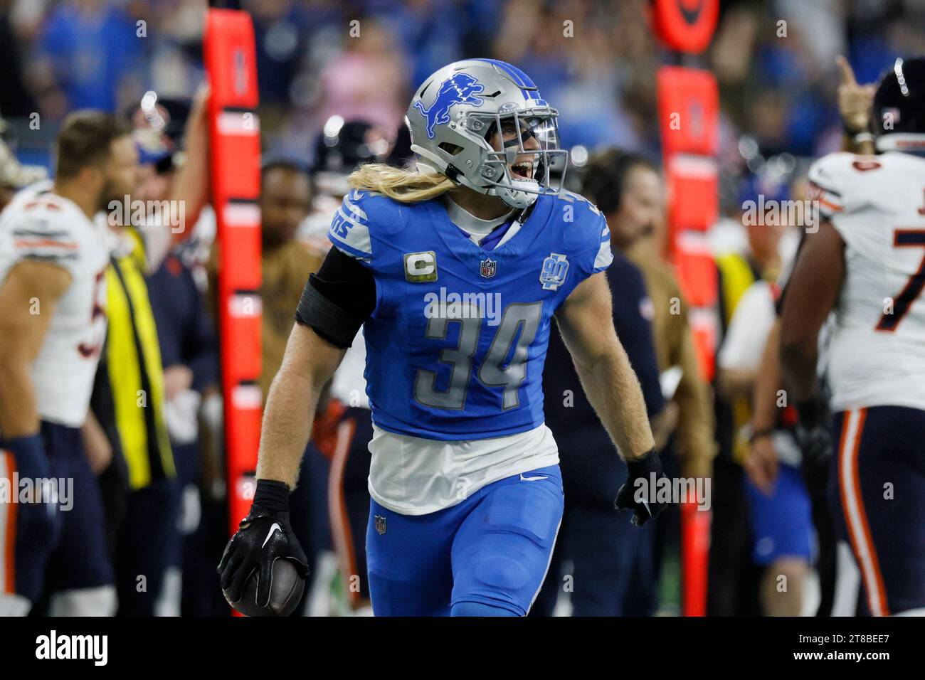 Detroit Lions linebacker Alex Anzalone reacts after recovering a fumble ...