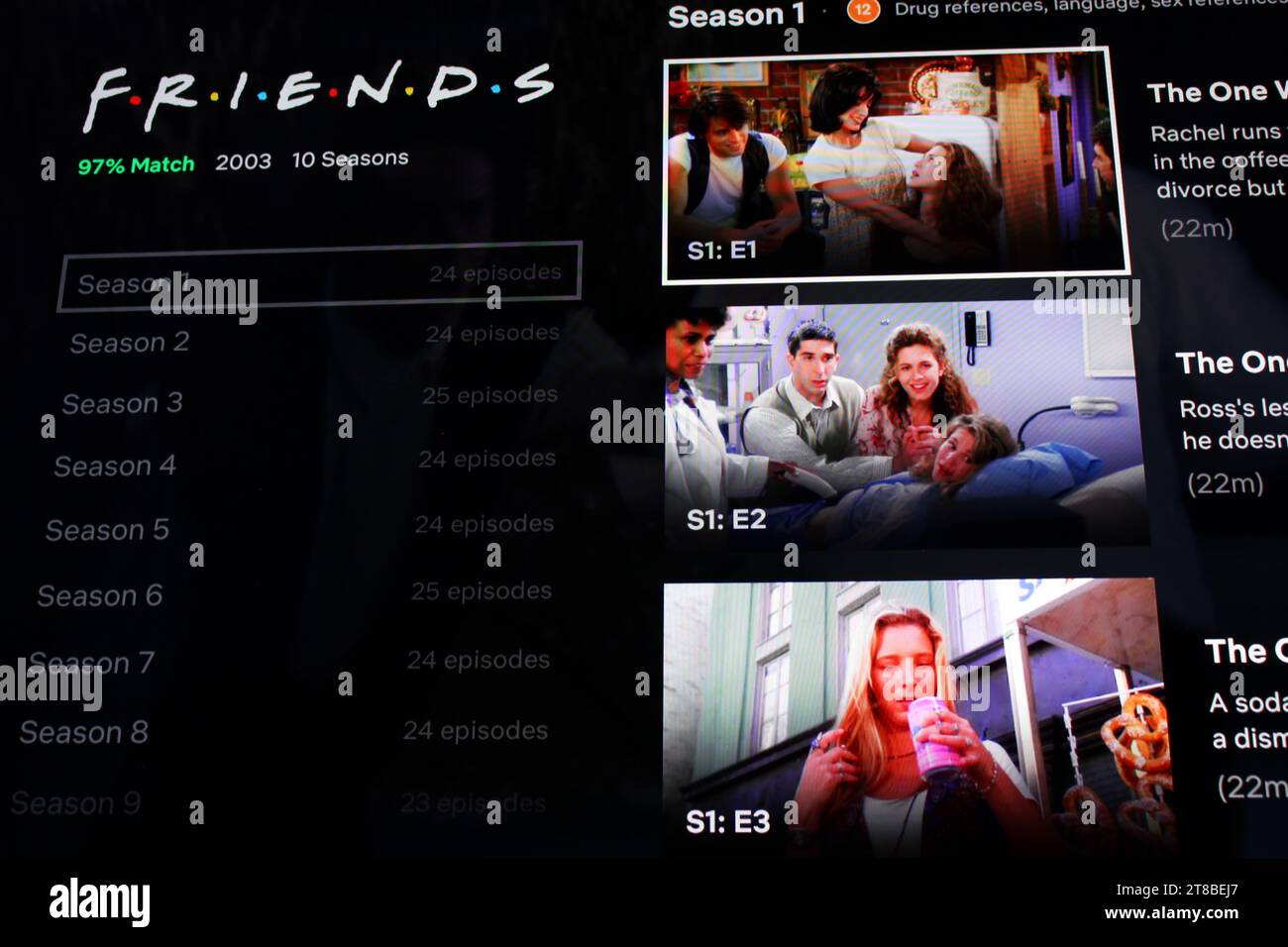 Netflix app on tv screen showing the TV show Friends Stock Photo - Alamy