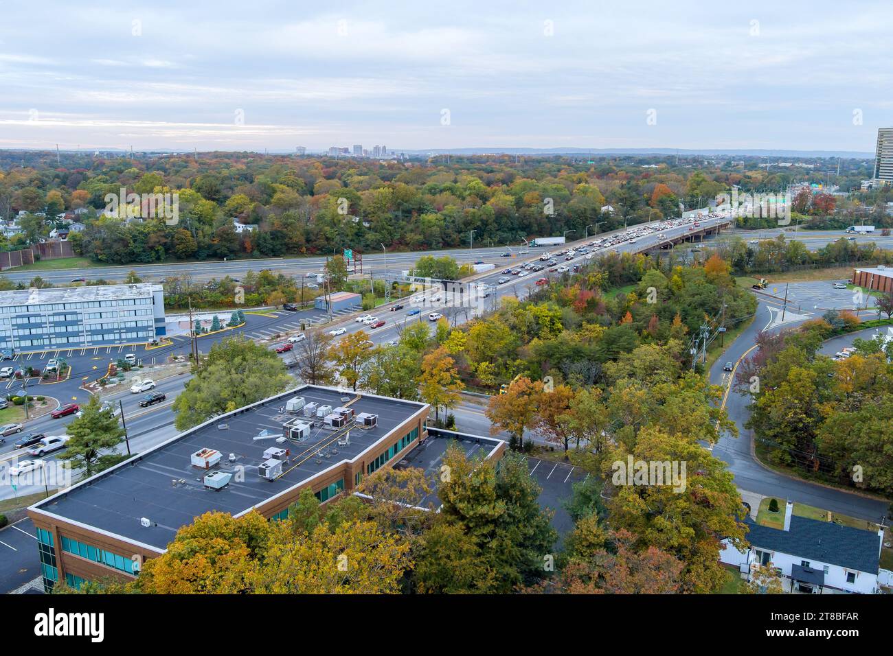 This aerial view American freeway I-95 NJ Turnpike with heavy traffic ...