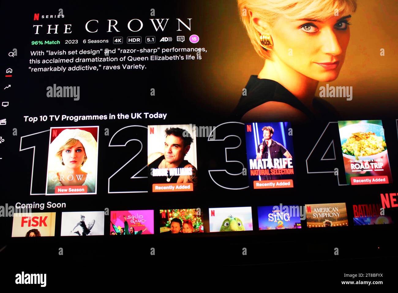 Netflix application on tv screen highlighting the Netflix television show The Crown with the ...