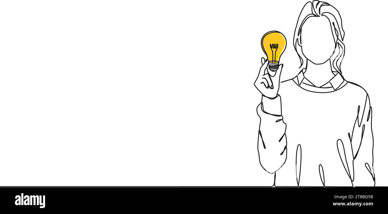 continuous single line drawing of young woman holding glowing light ...