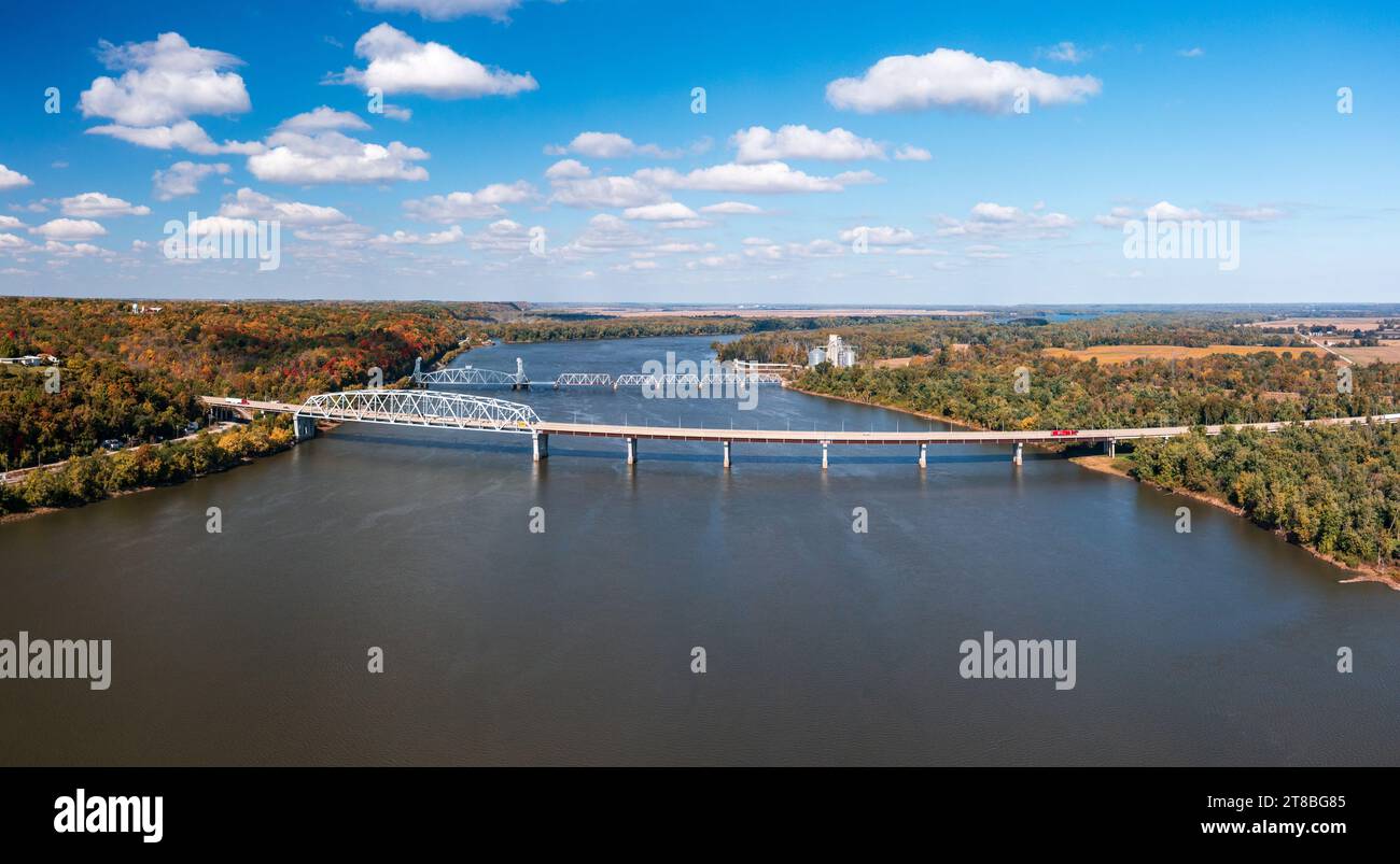 Aerial view of the Mark Twain Memorial highway river bridge and Wabasha ...