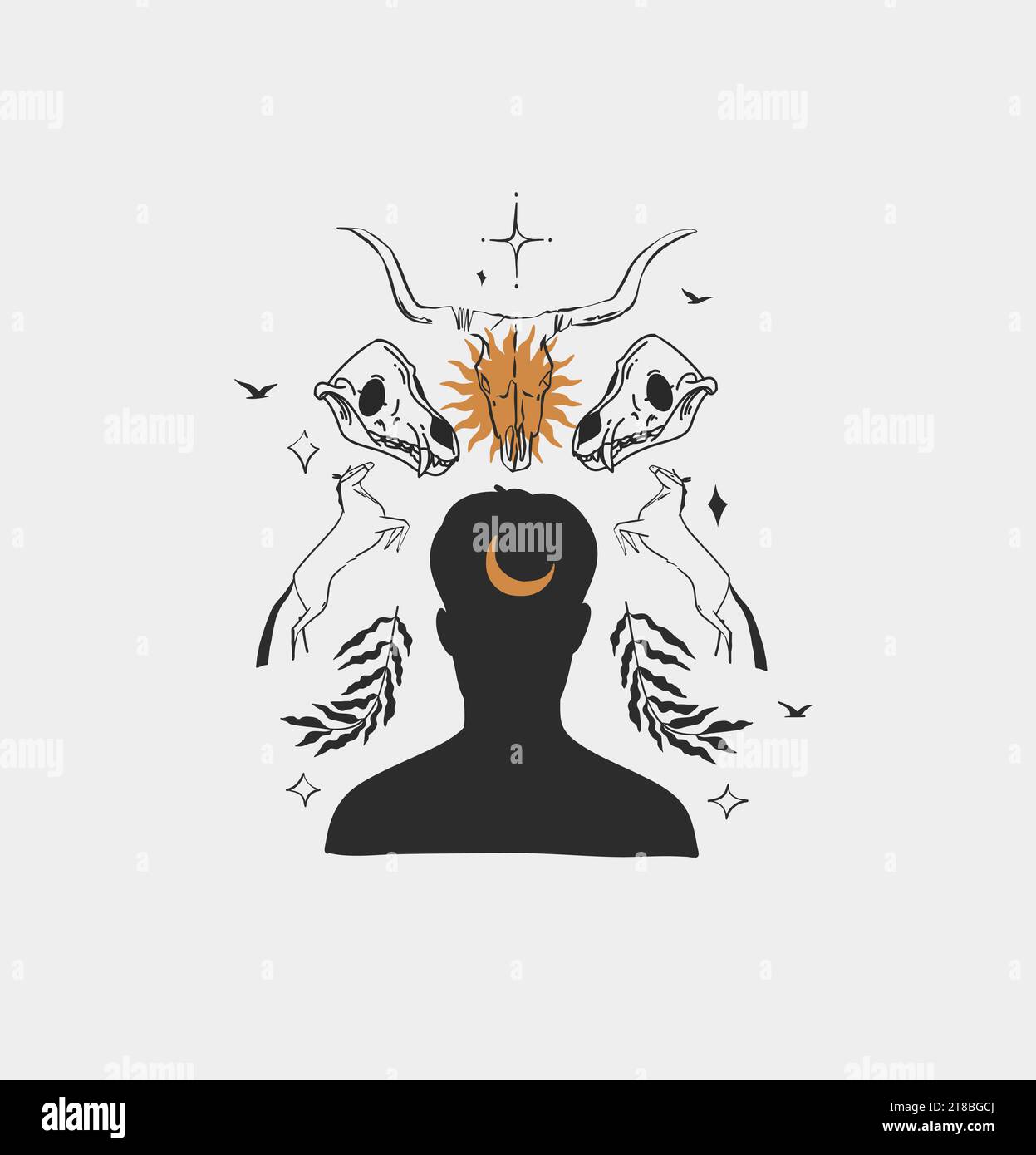 Hand drawn vector abstract,graphic magic human silhouette,moon,animal ...