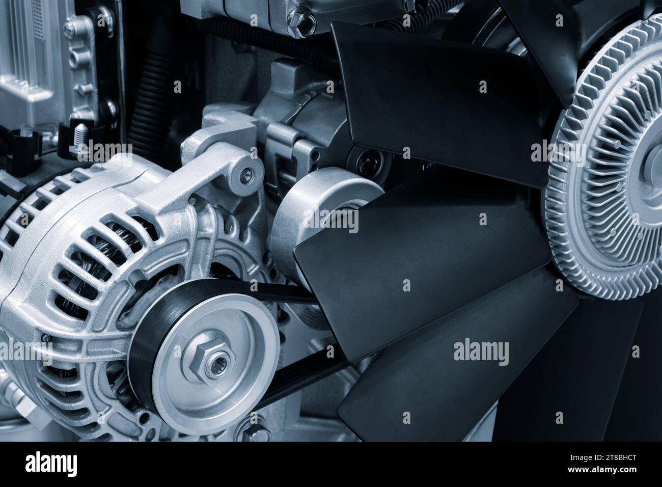 Belt drive of Diesel engine electric generator. Close up car timing ...