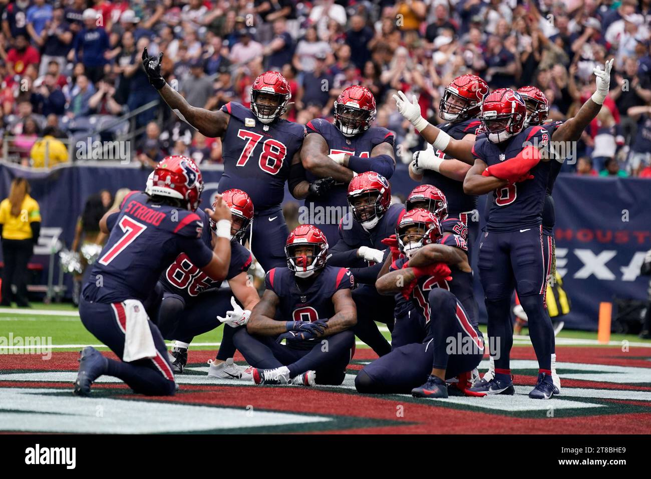 Houston Texans quarterback C.J. Stroud (7) pretends to take a picture ...