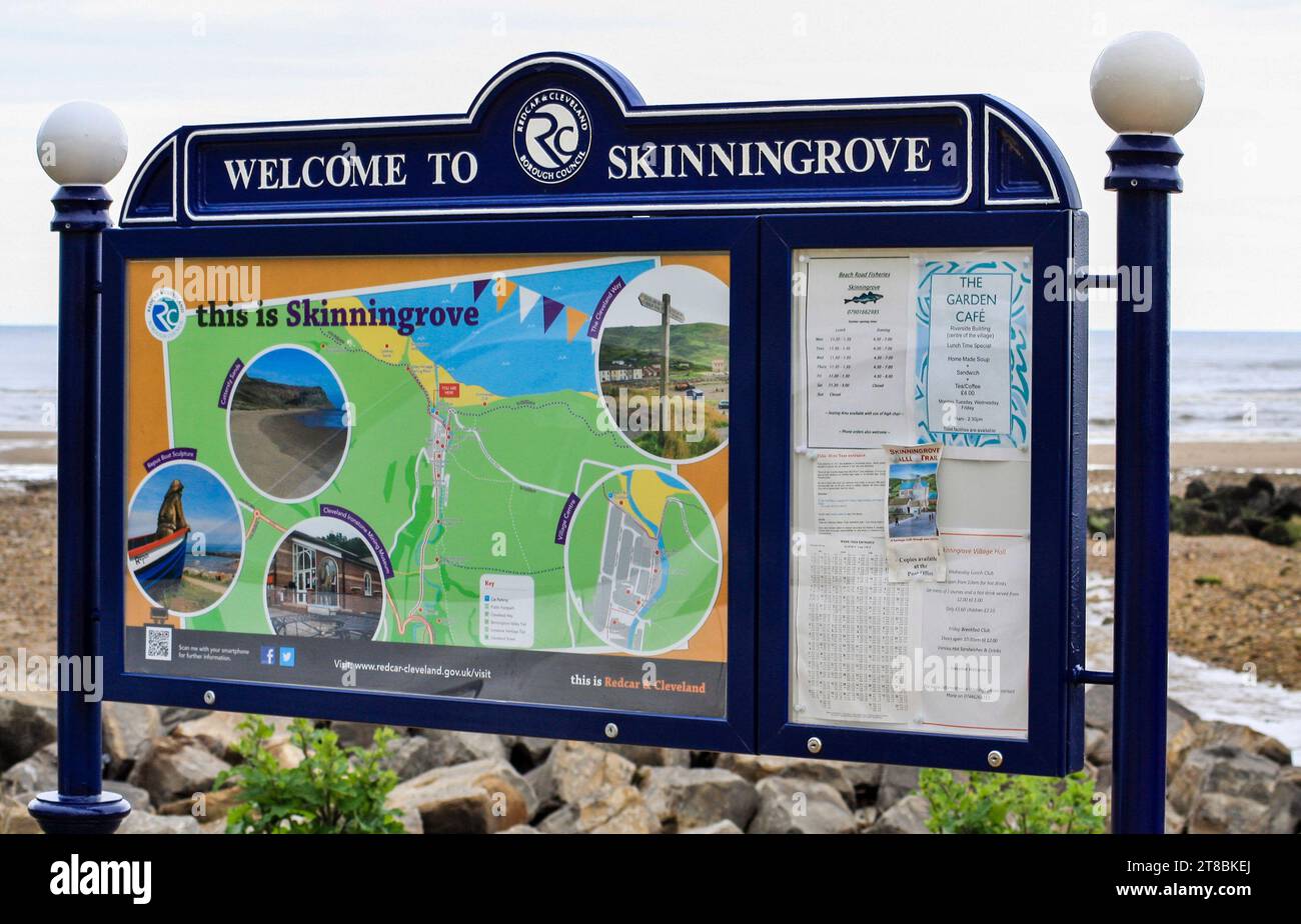 A "Welcome to Skinningrove" sign at the seafront at Skinningrove, North ...