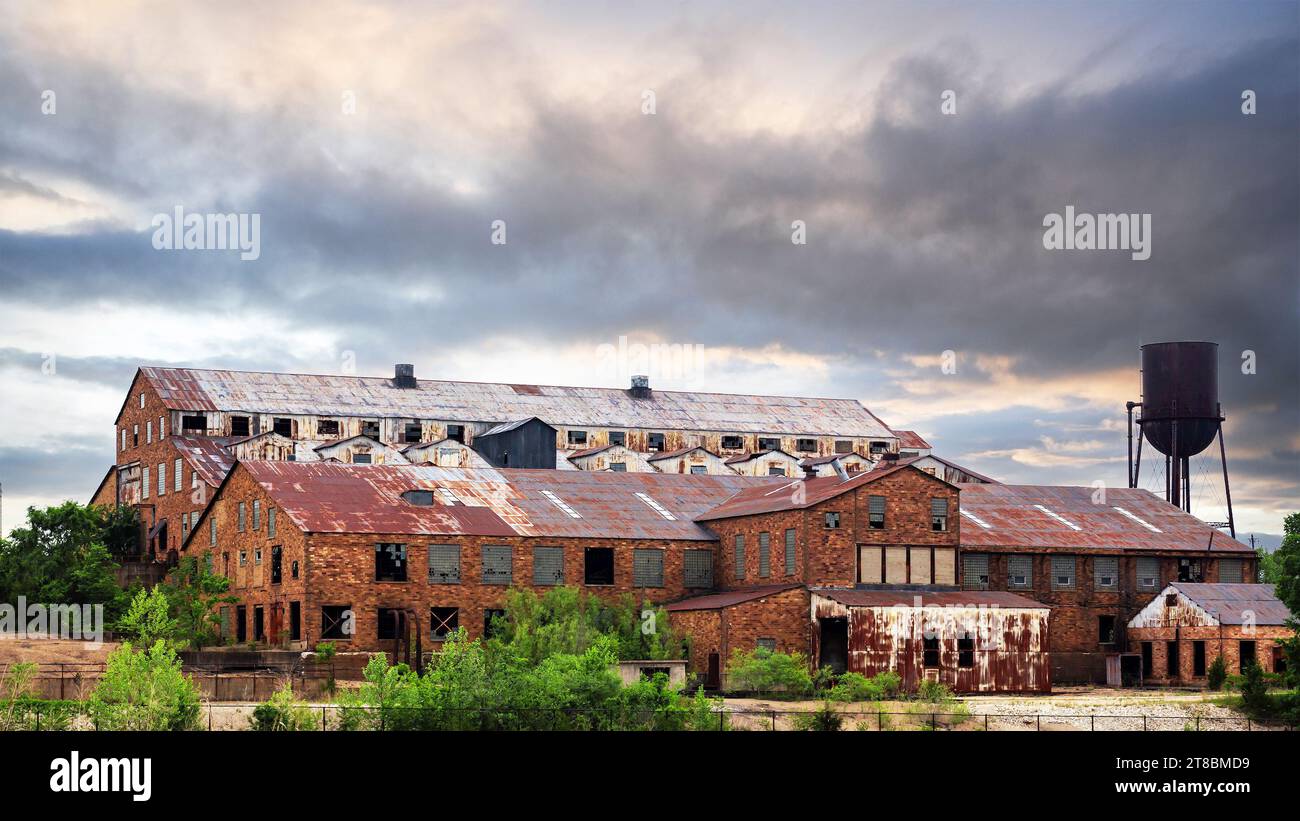 Landscape with abandoned mining facilities and buildings at the Missouri Mines State Historic ...