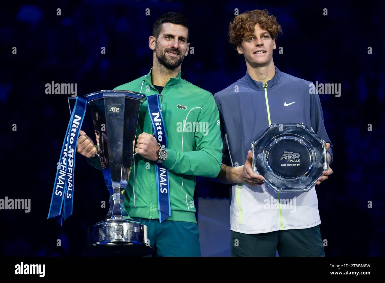 Turin, Italy. 19 November 2023. Novak Djokovic of Serbia and Jannik Sinner of Italy pose with ...