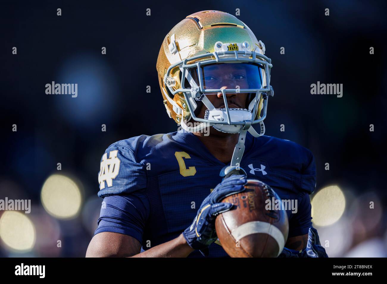 South Bend, Indiana, USA. 18th Nov, 2023. Notre Dame defensive back Cam Hart (5) during pregame ...