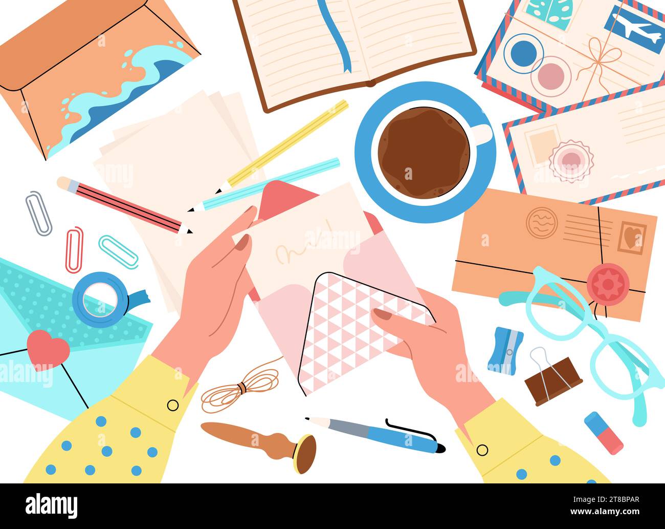 Hands holding envelope. Female has letter, top view background ...