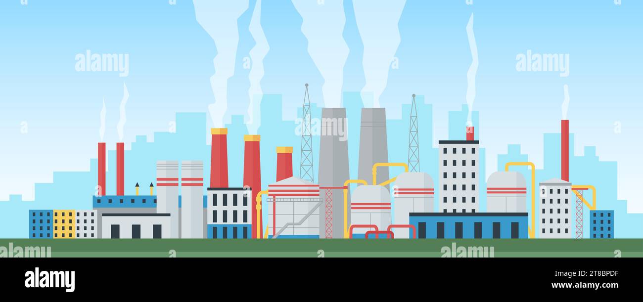 Factory zone in city. Industrial park with warehouses, pipes and tanks ...