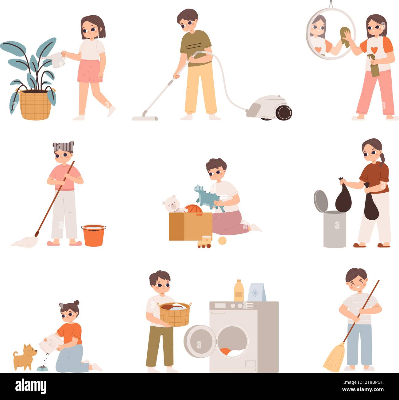 Kids cleaning at home, vacuuming and washing. Little girl cares dog ...