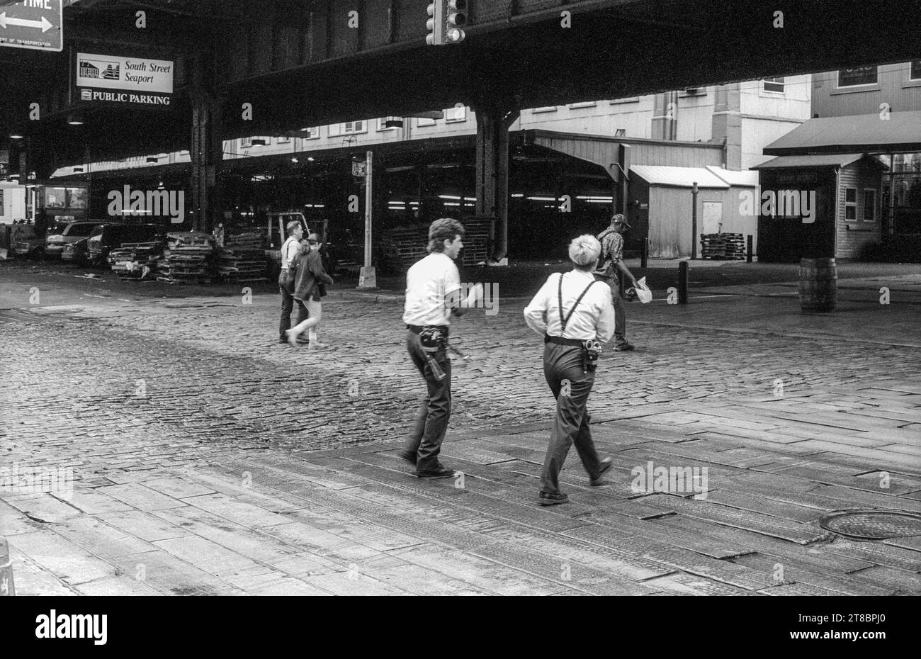 1994 black & white archive photograph of South Street, Manhattan, New York. View under elevated ...