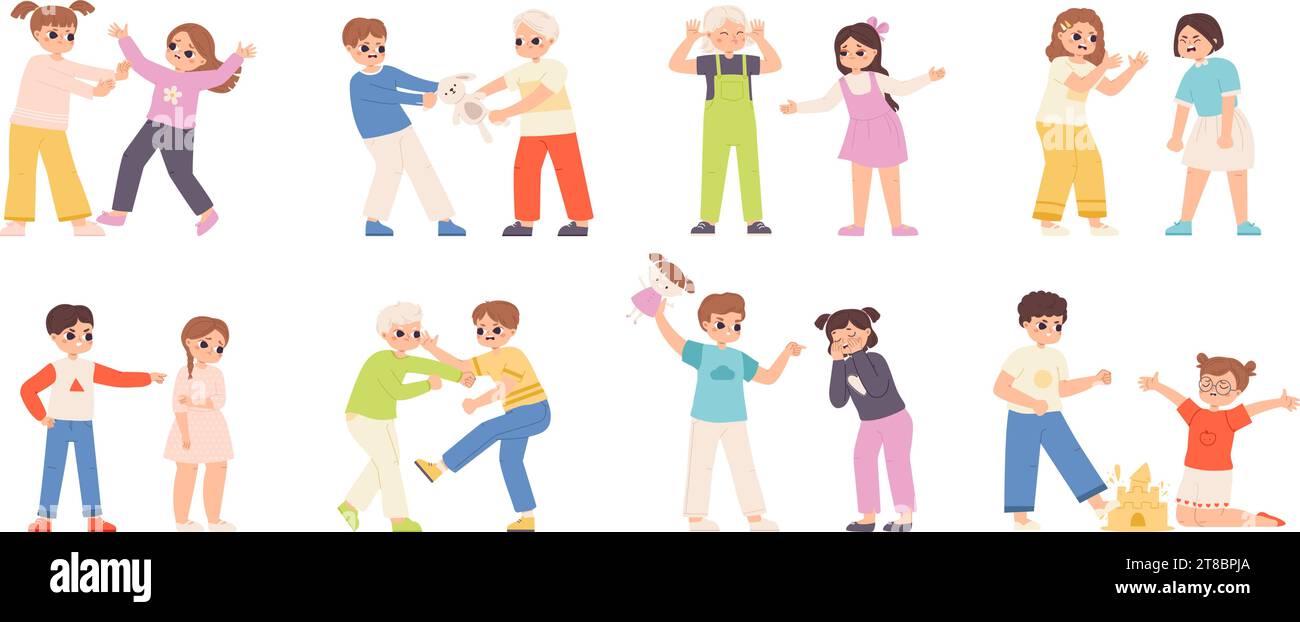 Children incorrect behavior. Bad emotions and abuse, bullying at friends and siblings. Problems ...