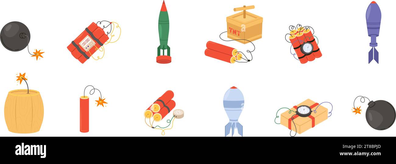 Cartoon bombs and dynamites. Various explosive weapon, mines and tnt ...