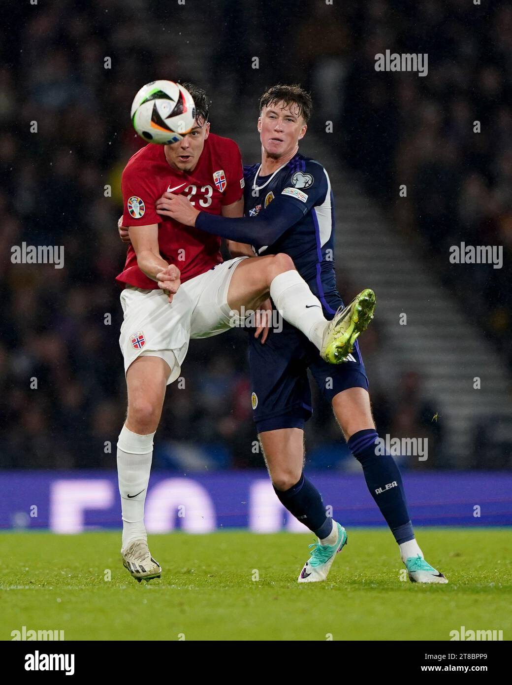 Norway's Jorgen Larsen (left) and Scotland's Jack Hendry battle for the ...