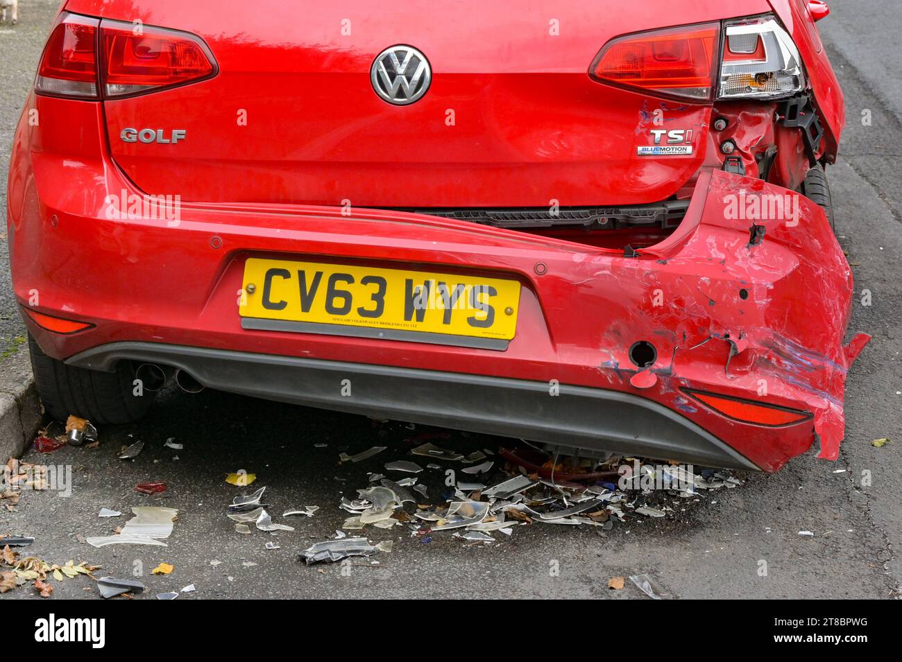 Pontypridd, Wales - 28 October 2023: Rear of a VW Golf car damaged in a ...