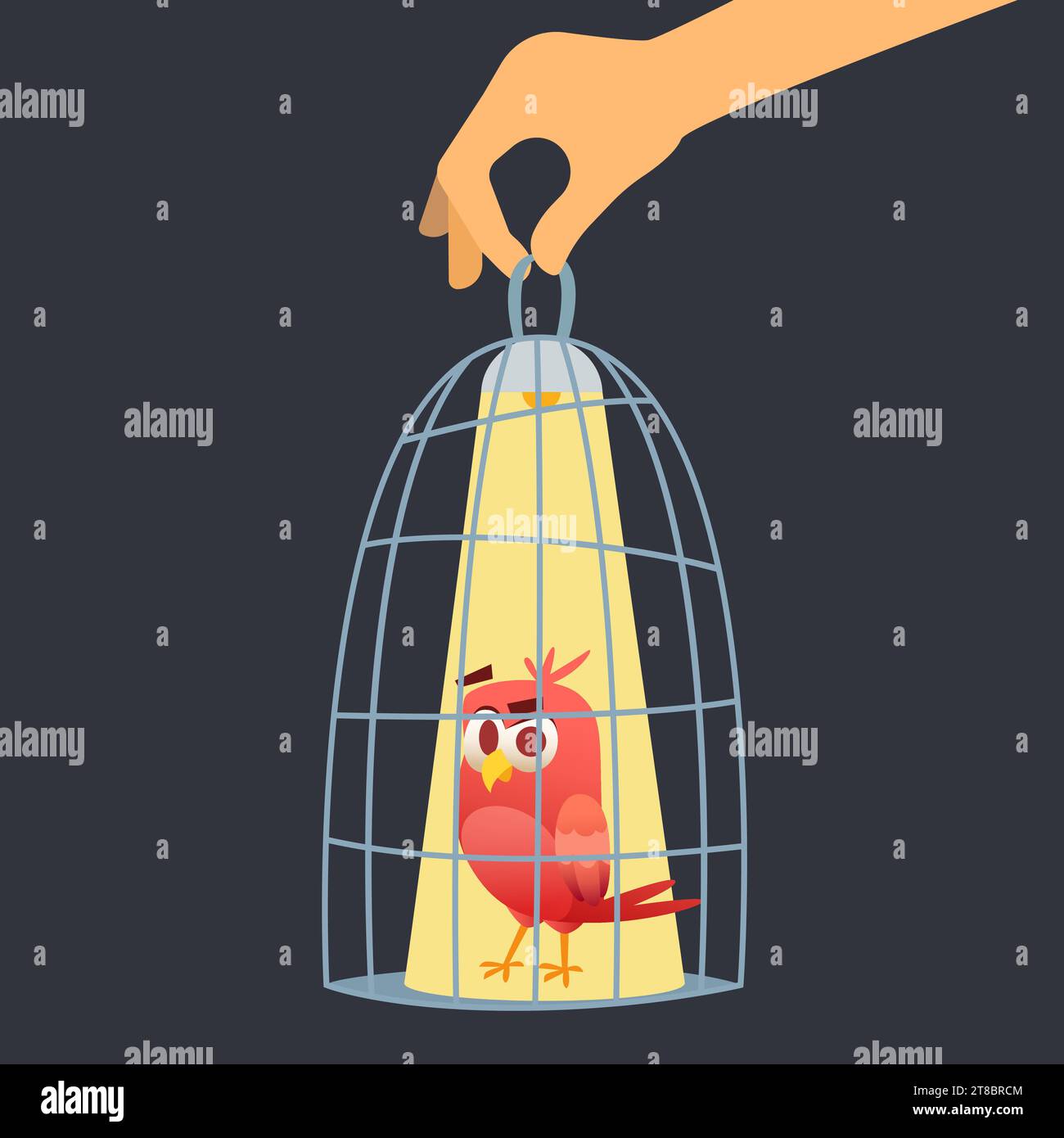 Bird in cage. freedom concept man holding closed cage with red bird ...