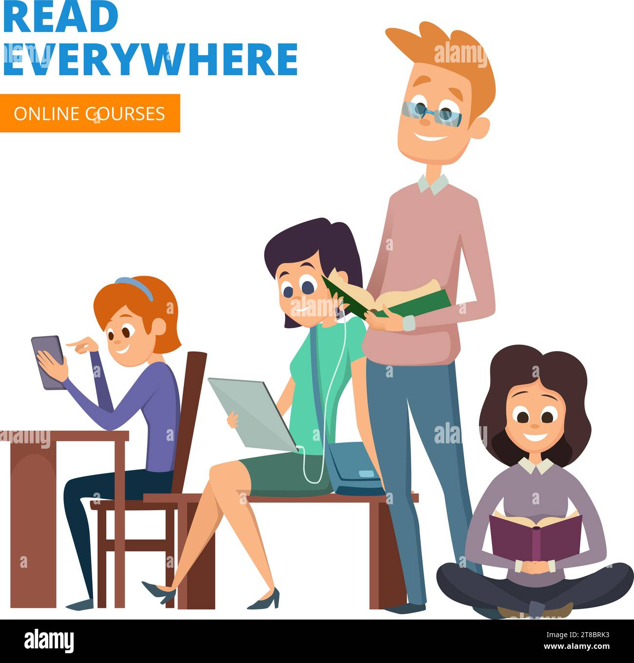 Readers. Characters male and female learning information and reading ...