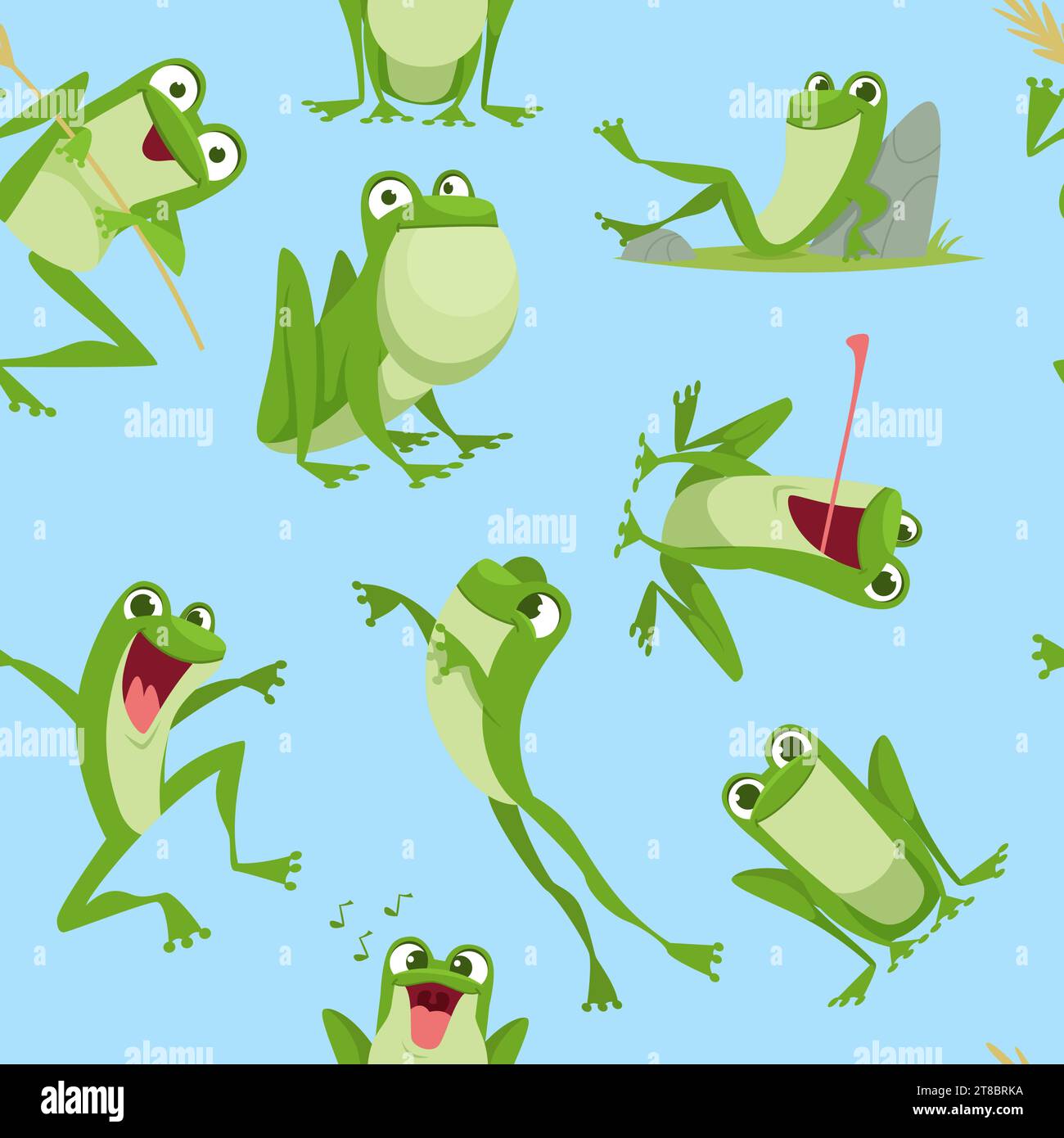 Frogs pattern. cartoon happy frogs jumping standing sitting. Vector ...