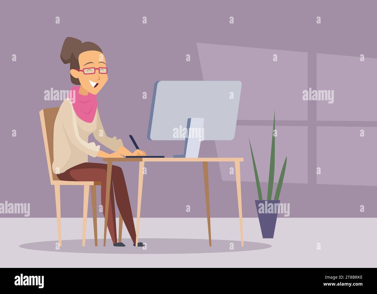 Designer working. woman artist working at PC in home workplace. Vector ...