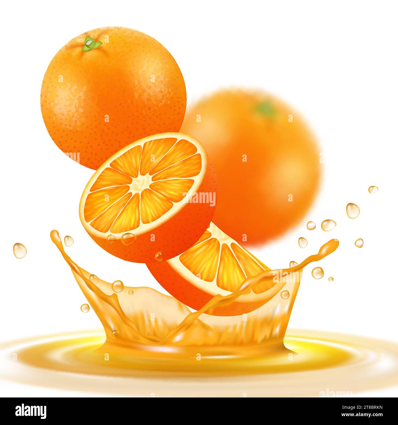 Orange juice. Fruits drops in liquid juice and making splashes. vector ...