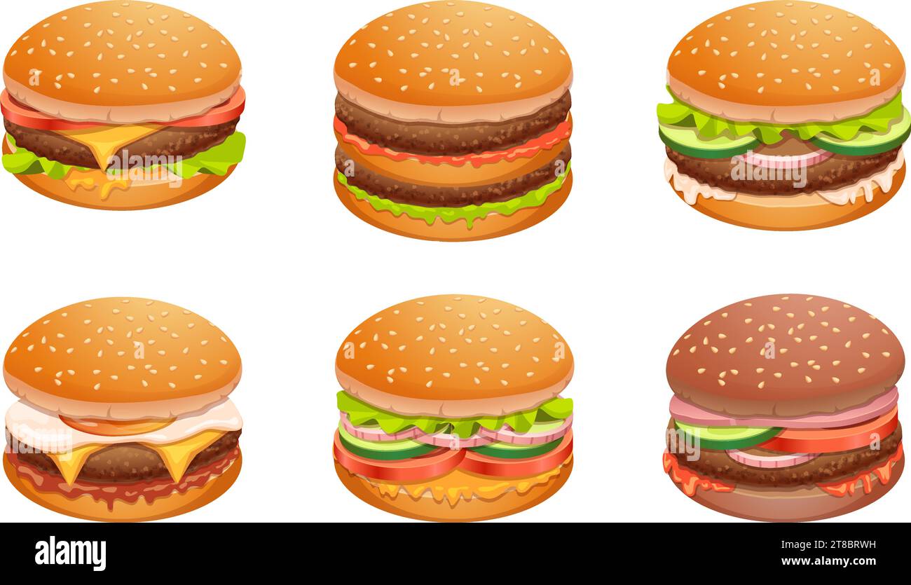 Burger. Fast food kitchen with different burghers exact vector cartoon ...