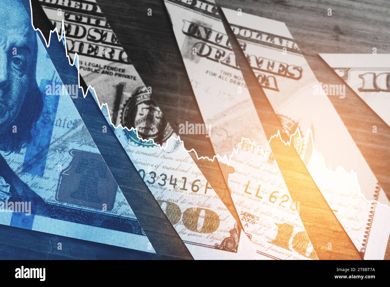 USD bill with overlayed falling sparkline chart. Concept of economic ...