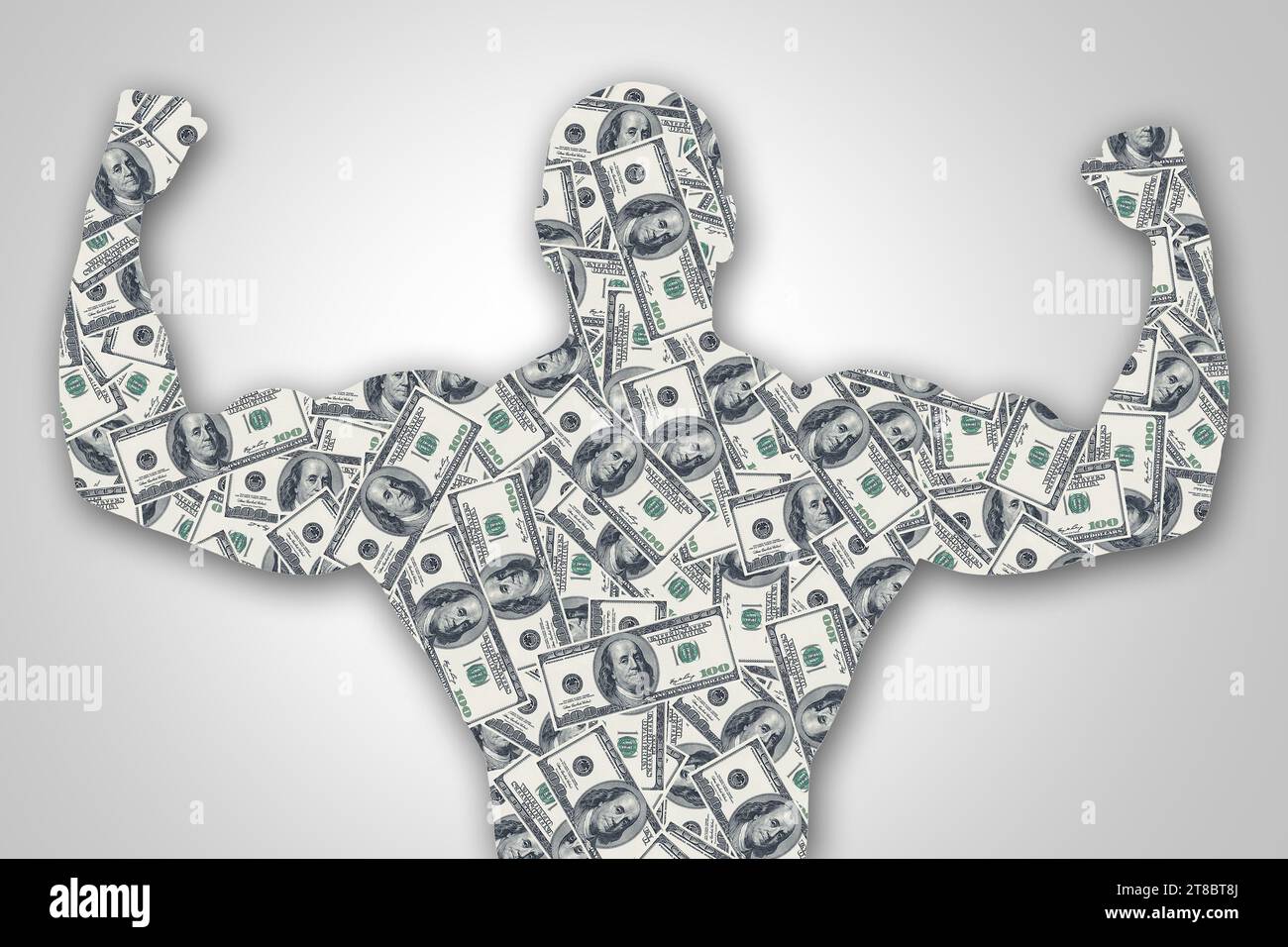 Outline of muscular male shape above a lot of US dollars. Strong dollar ...