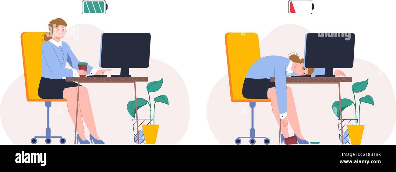 Office manager burned on work. Exhausted and rested worker at computer ...