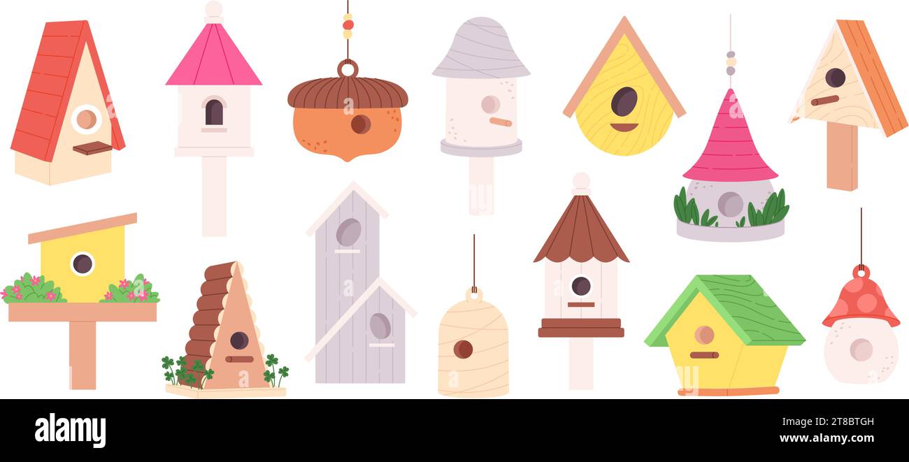 Spring birdhouses various view. Wooden birdhouse, different homes and ...