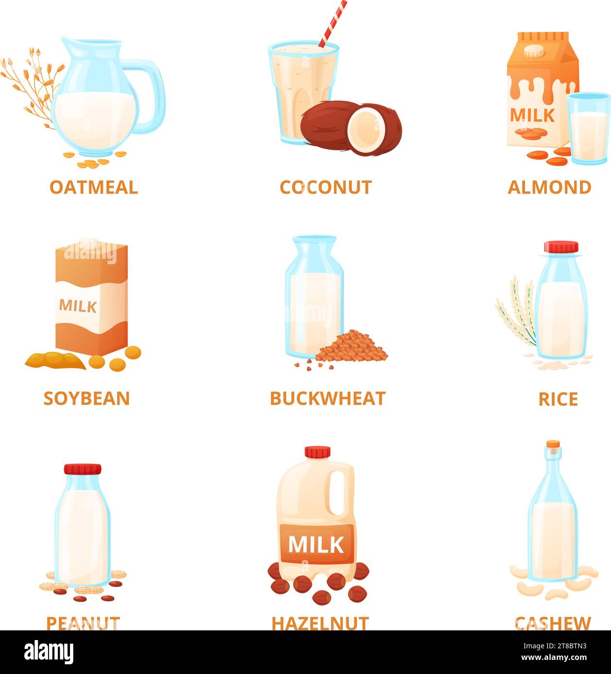 Vegan milk collection. Coconut, almond, peanut drinks. Cashew, oatmeal ...