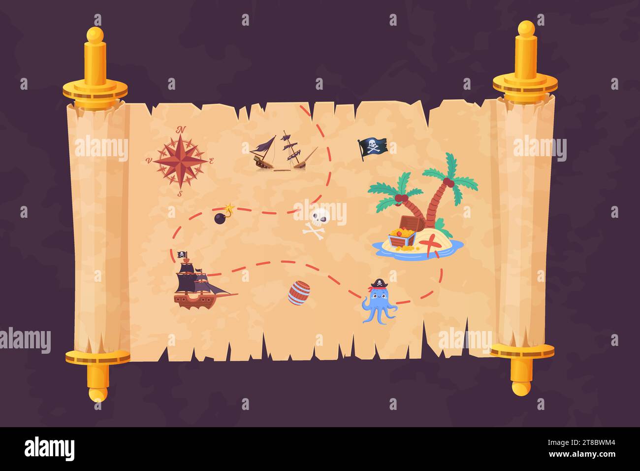 Old treasure map. Pirate treasures scroll paper maps, route to ...