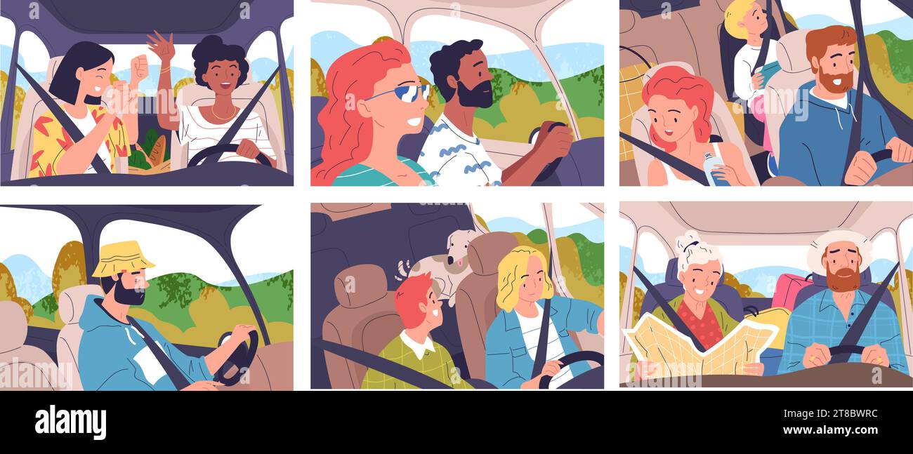 Friends driving car. Funny adventurous go to vacation inside cars ...