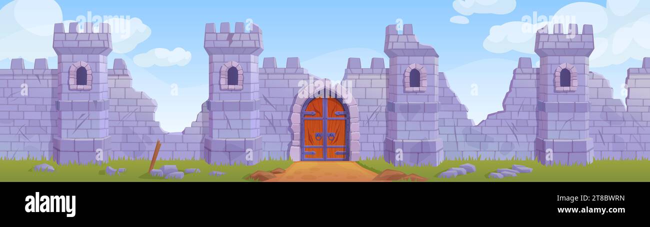 Broken castle. Abandoned fortress after war battlefield, knight citadel ...