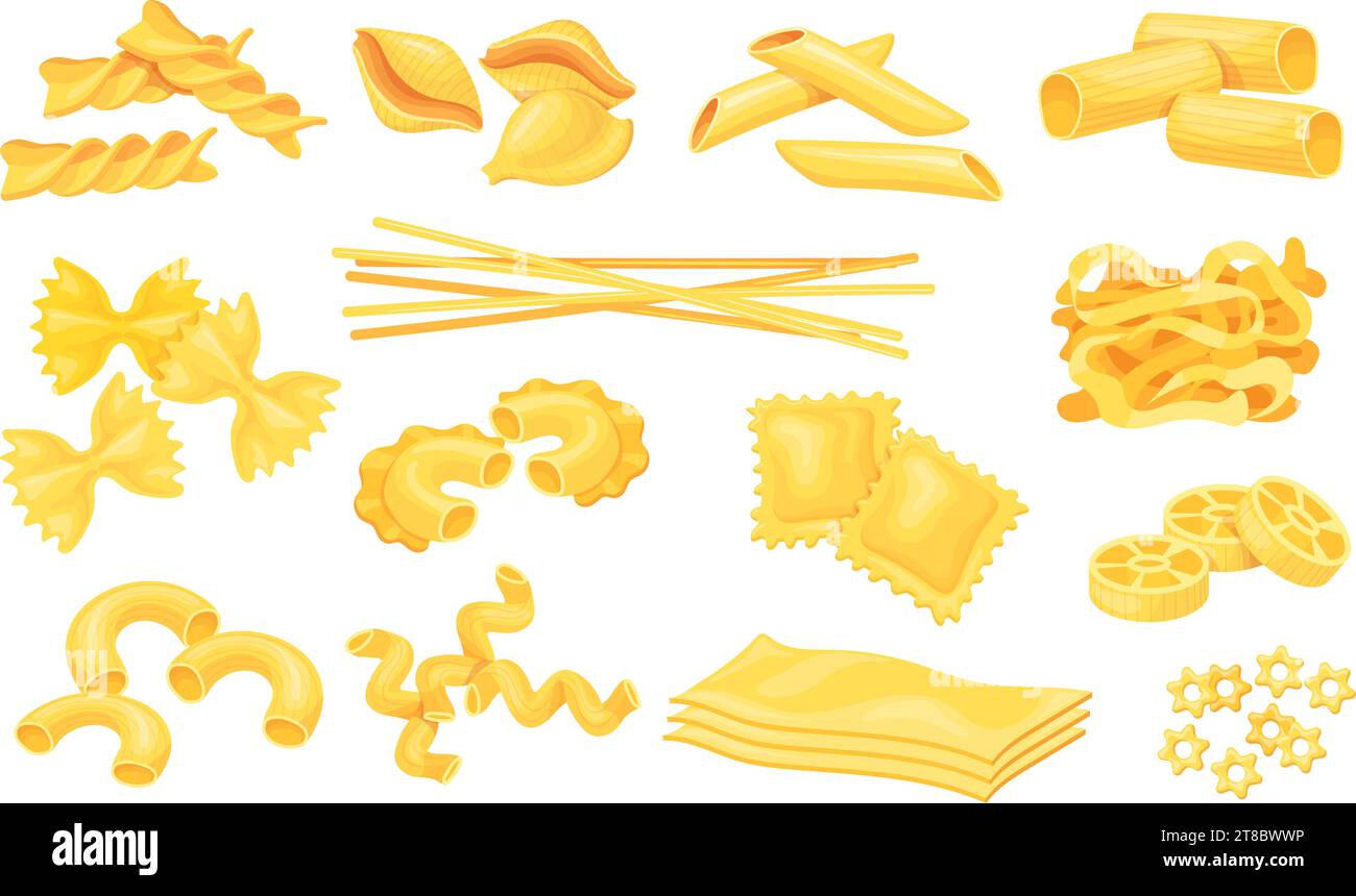 Cartoon pasta types. Dry macaroni various shape type, spaghetti fusilli ...