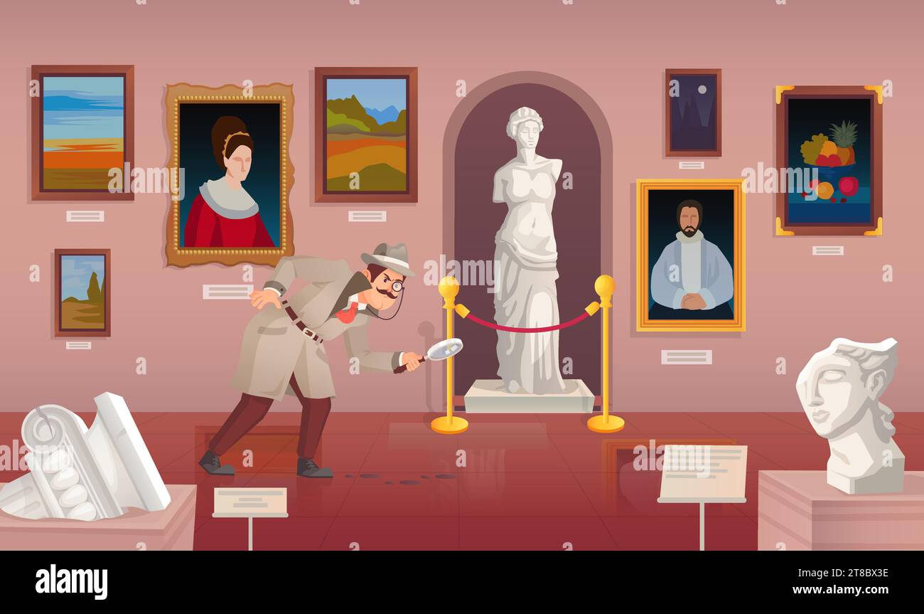 Cartoon detective investigation. Sherlock in museum art gallery ...